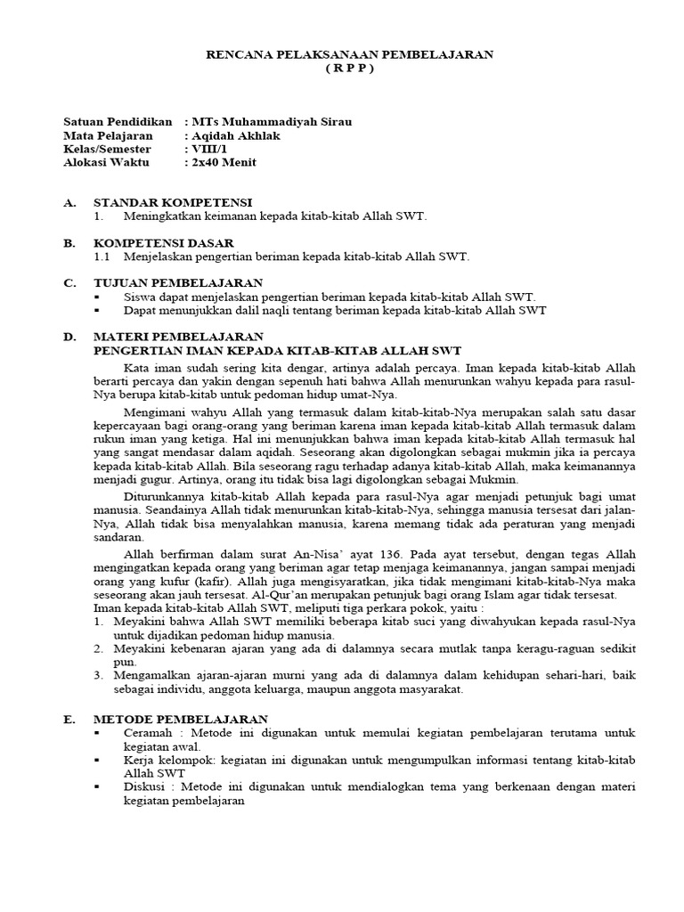 RPP Aqidah Akhlak VIII 1 Dan 2 | PDF