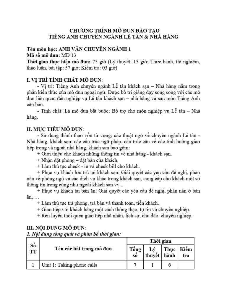 CHƯƠNG TRÌNH CHI TIẾT MÔN HỌC AVCN 1- LT&NH | PDF