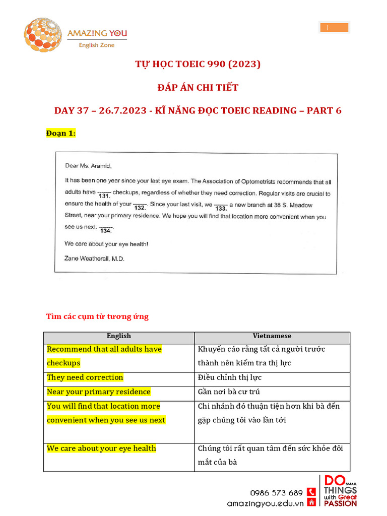 Đáp án chi tiết - Day 37 - 26.7 - TOEIC Reading Part 6 | PDF