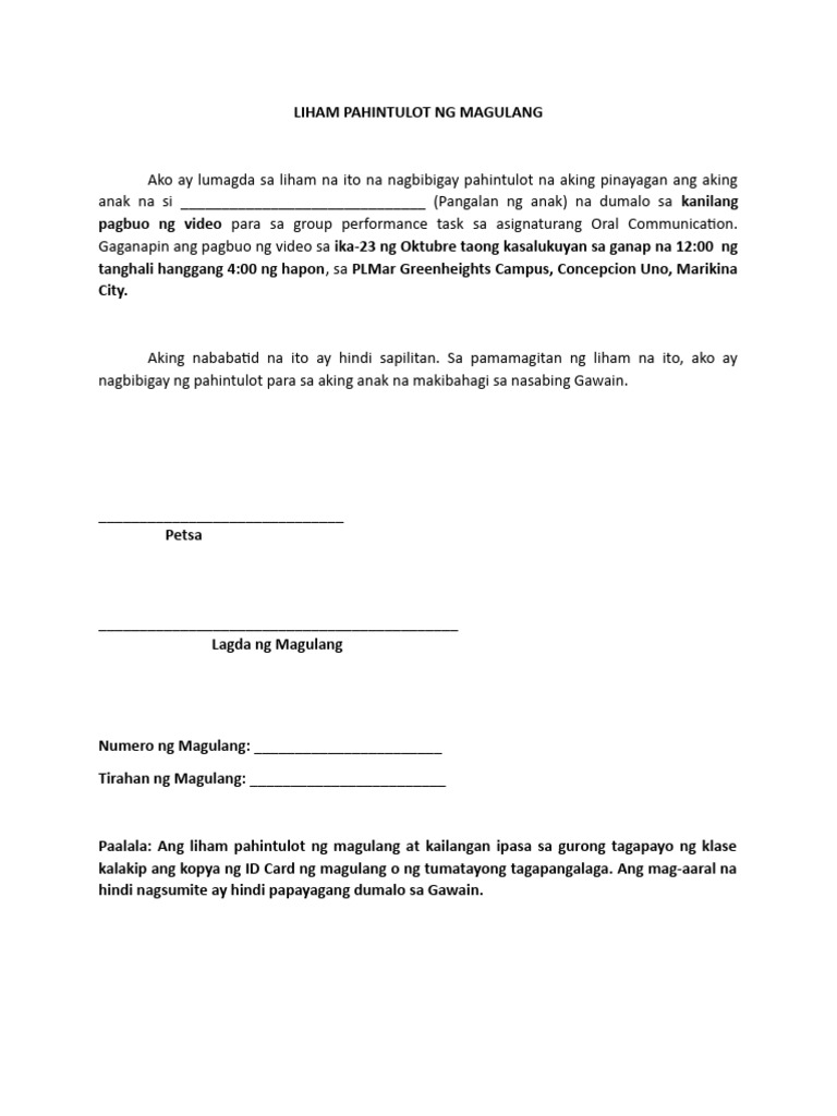 Liham Pahintulot Ng Magulang 1 | PDF