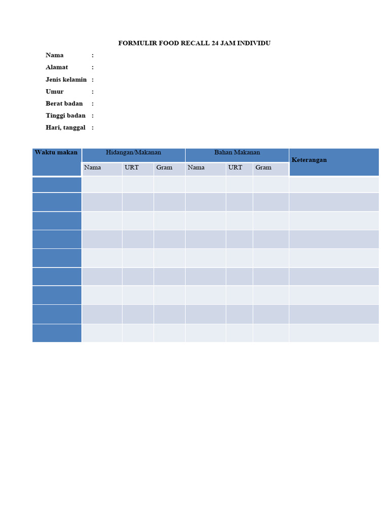Formulir Food Recall 24 Jam Individu | PDF
