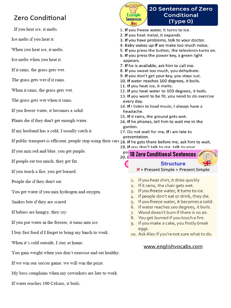 Zero Conditional Quiz and Example Sentences | PDF | Water | Ice