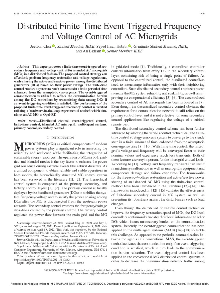 Distributed Finite Time Event Triggered Frequency And Voltage Control Of Ac Microgrids Pdf