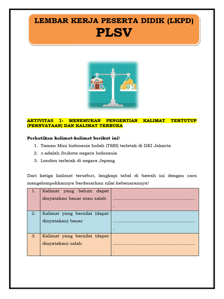 LKPD PTLSV (Persamaan Dan Pertidaksamaan Linear | PDF