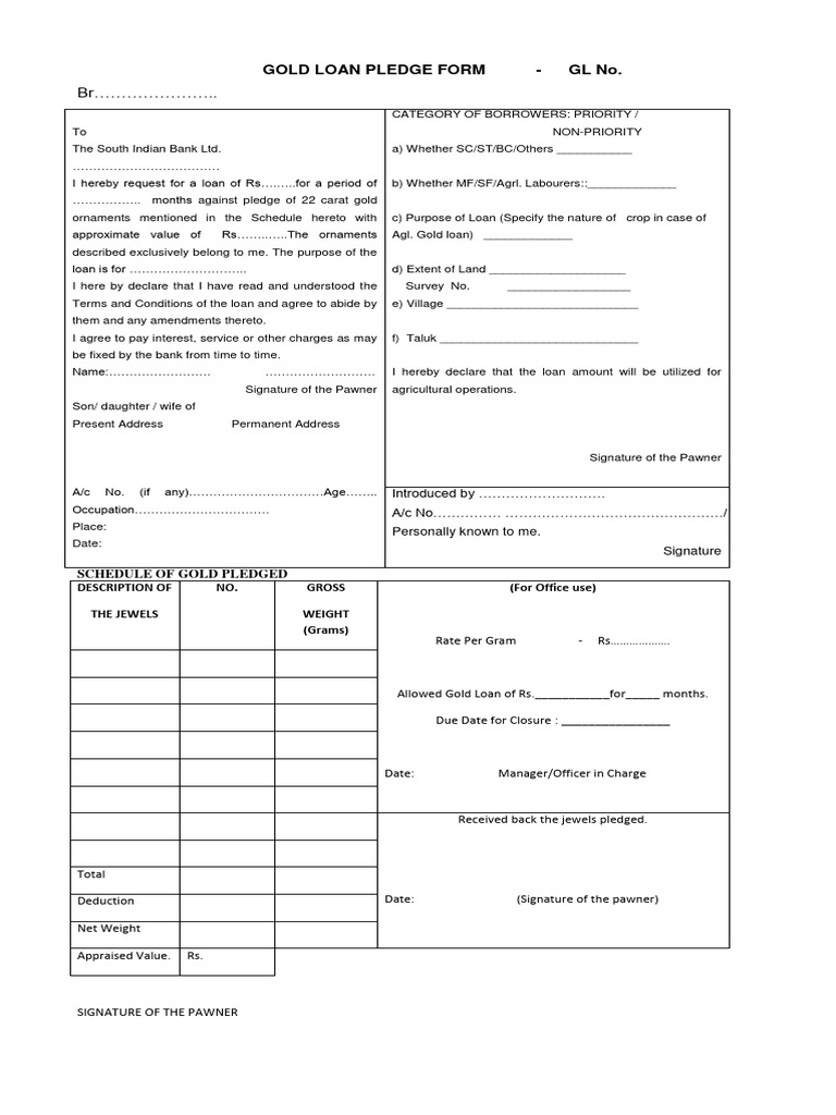 Gold Loan Pledge Form Template | PDF | Loans | Debt