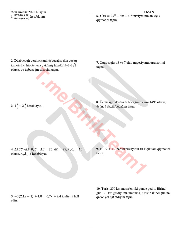 9-Cu Siniflər 2021 16 Iyun (1) | PDF