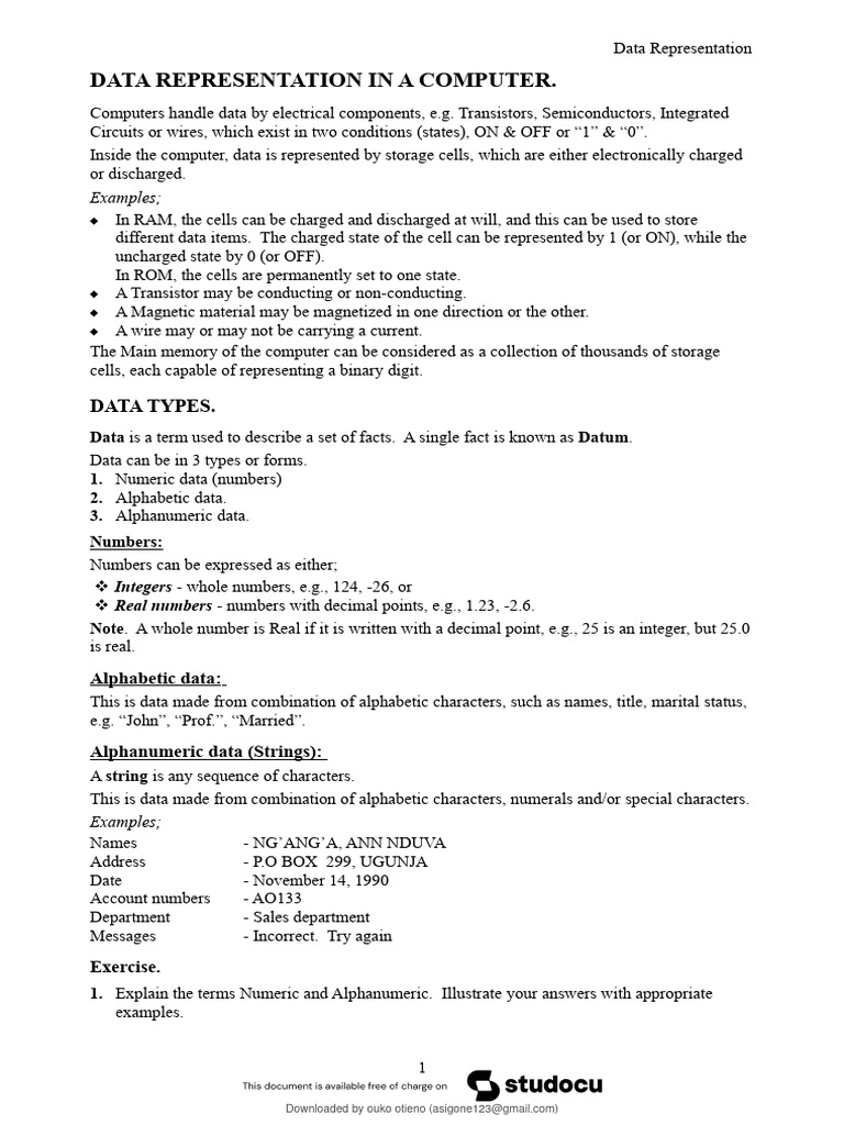 Data Represenatation in Digital Logic | PDF | Bit | Byte