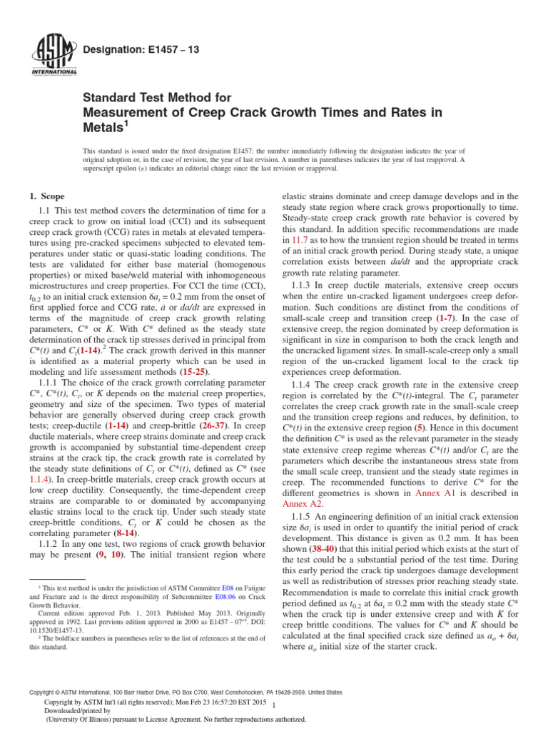 E1457-13 Standard Test Method For Measurement of Creep Crack Growth ...