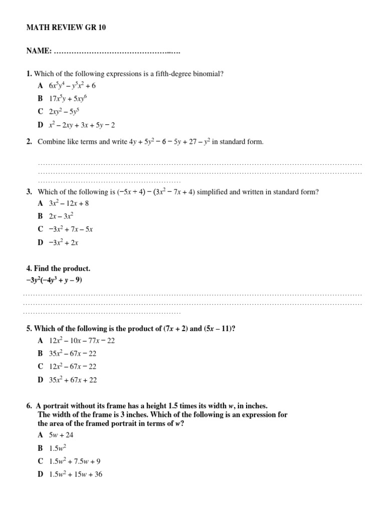 Final Review Term 1 GR 10 | PDF | Algebra | Mathematical Analysis