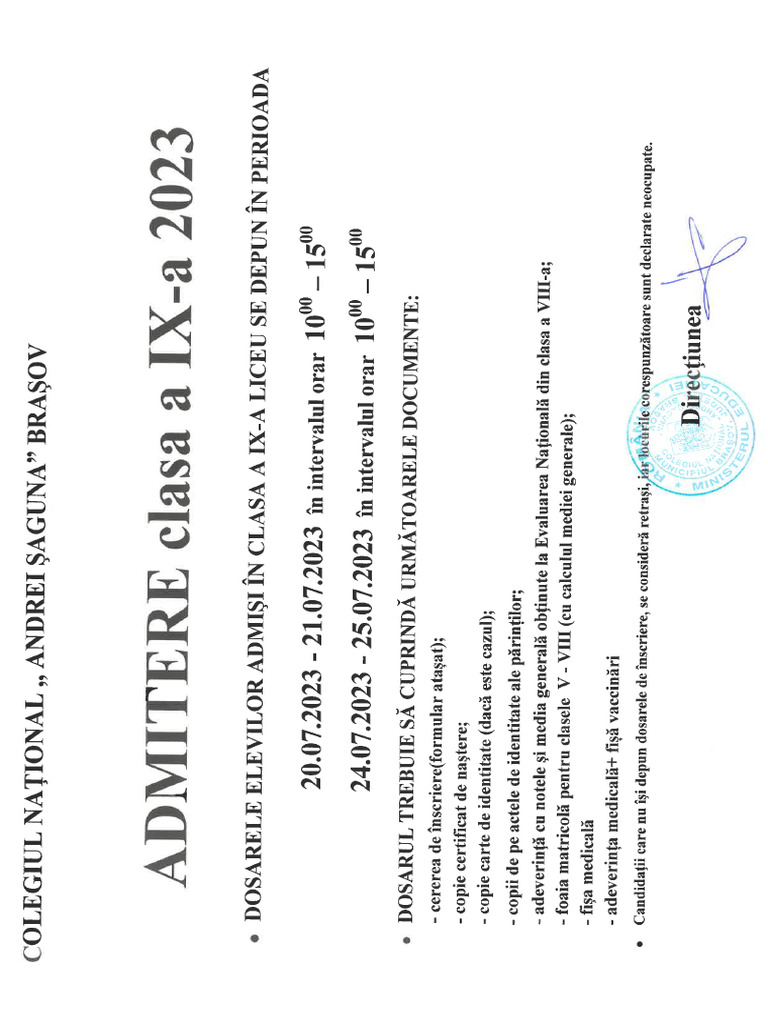 Anunt Admitere Liceu 2023 2024+formular Atasat | PDF