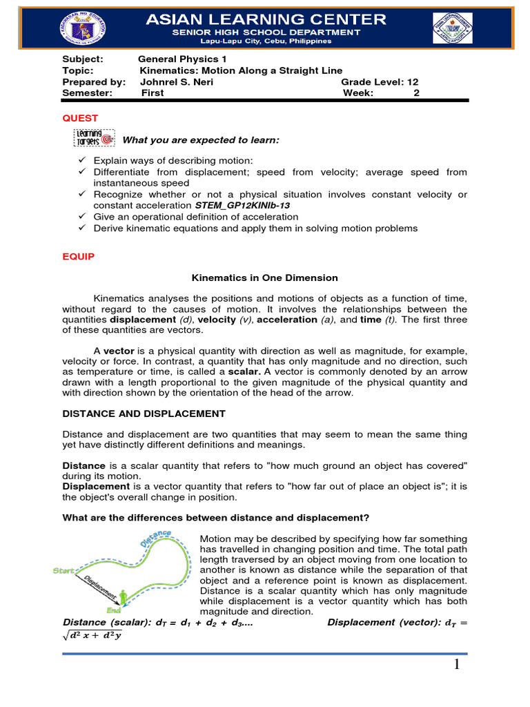 Stem General Physics 1 Week 2 Revised Module 1 | PDF | Velocity | Speed
