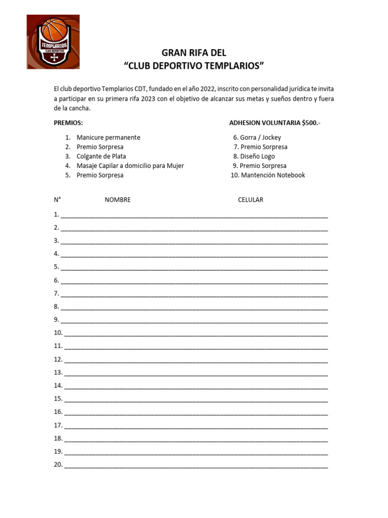 Rifa 2023 del Club Templarios CDT | PDF
