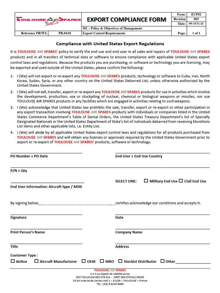 ECF02-Rev003 - Export Compliance Form | PDF