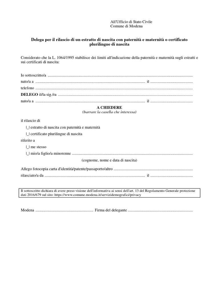 Delega Per Il Rilascio Di Estratto Di Nascita Con Paternita e Maternita ...