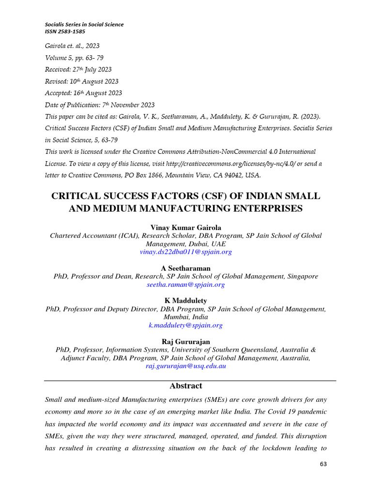 Critical Success Factors (CSF) of Indian Small and Medium Manufacturing ...