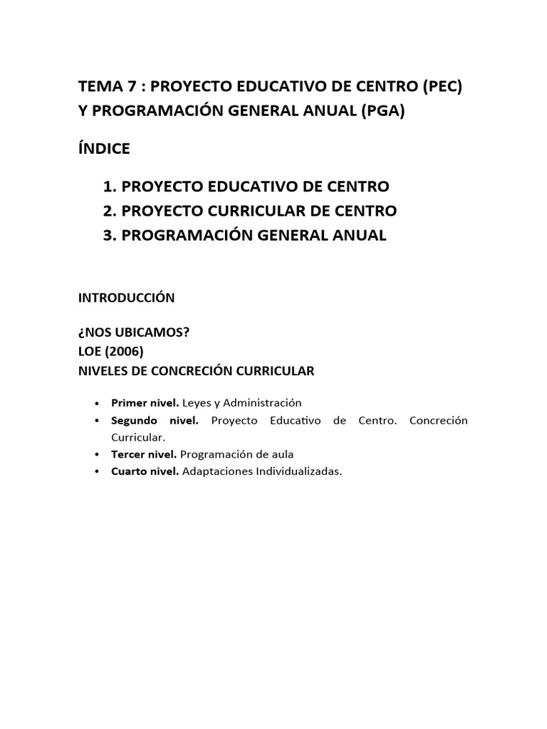 Tema 7 Pec Proyecto Educativo de Centro y Programación General Anual | PDF | Plan de estudios ...