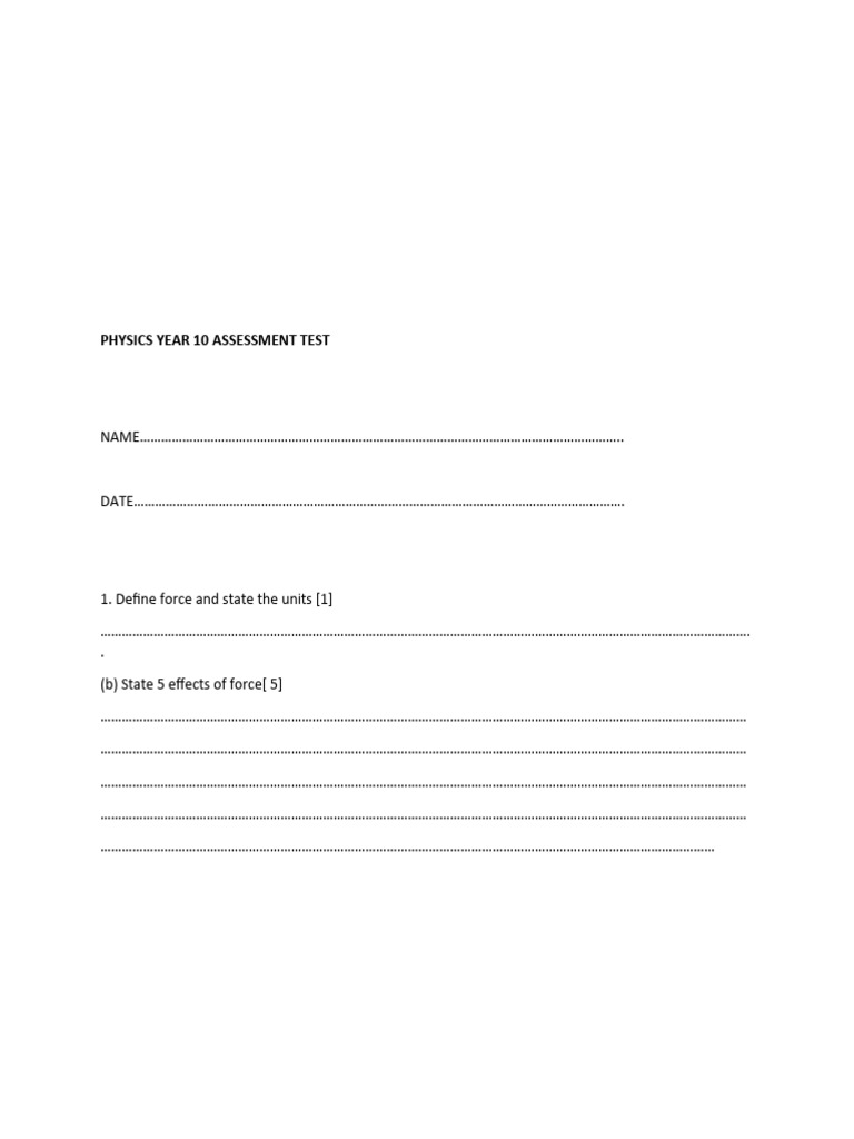 Physics Year 10 Assessment Test | Download Free PDF | Acceleration | Force