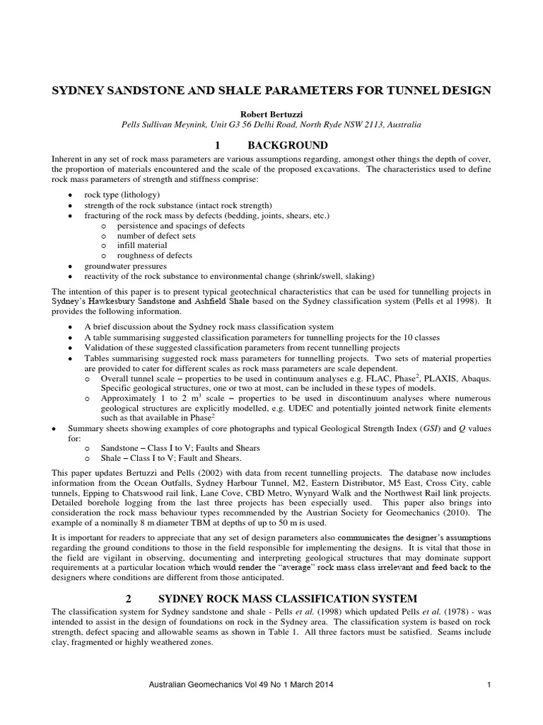 2014 Sydney Sandstone and Shale Parameters For Tunnel Design | PDF ...
