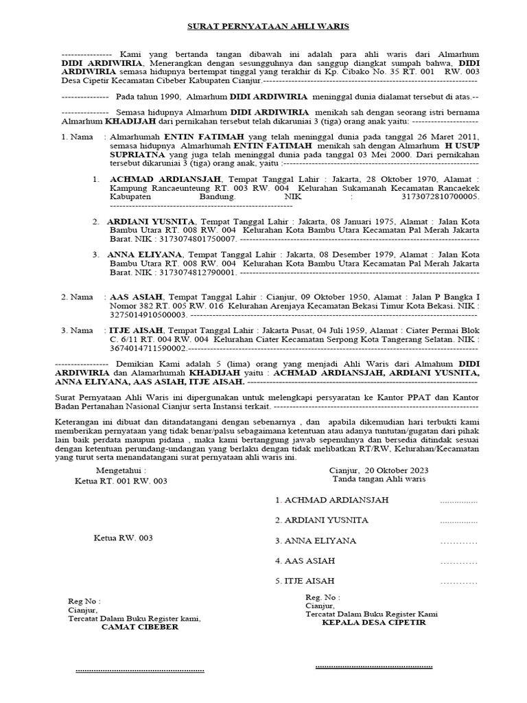 Surat Keterangan Ahli Waris Alm Didi Ardiwiria | PDF | Griya & Taman