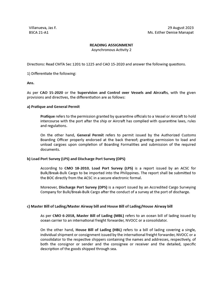 Cust 213 - Villanueva - Asynchronous Act-2 | PDF | Cargo | Bill Of Lading