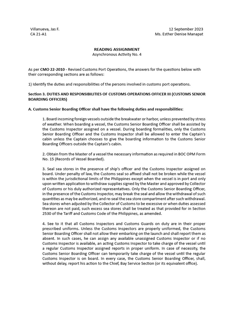 Cust 213 - Villanueva - Asynchronous Act-4 | PDF | Customs | Cargo