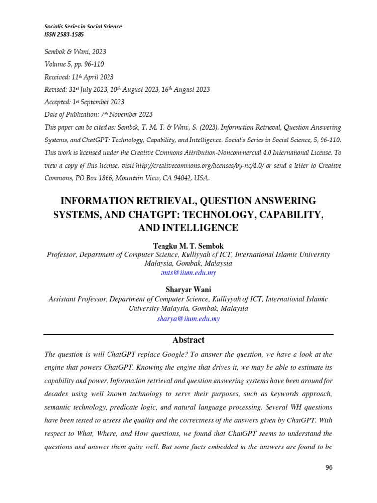 Information Retrieval, Question Answering Systems, and Chatgpt: Technology, Capability, and ...