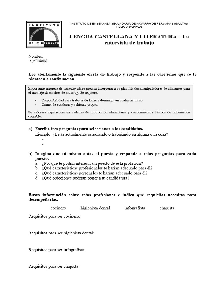 Ejercicios La Entrevista de Trabajo | PDF | Entrevista de trabajo