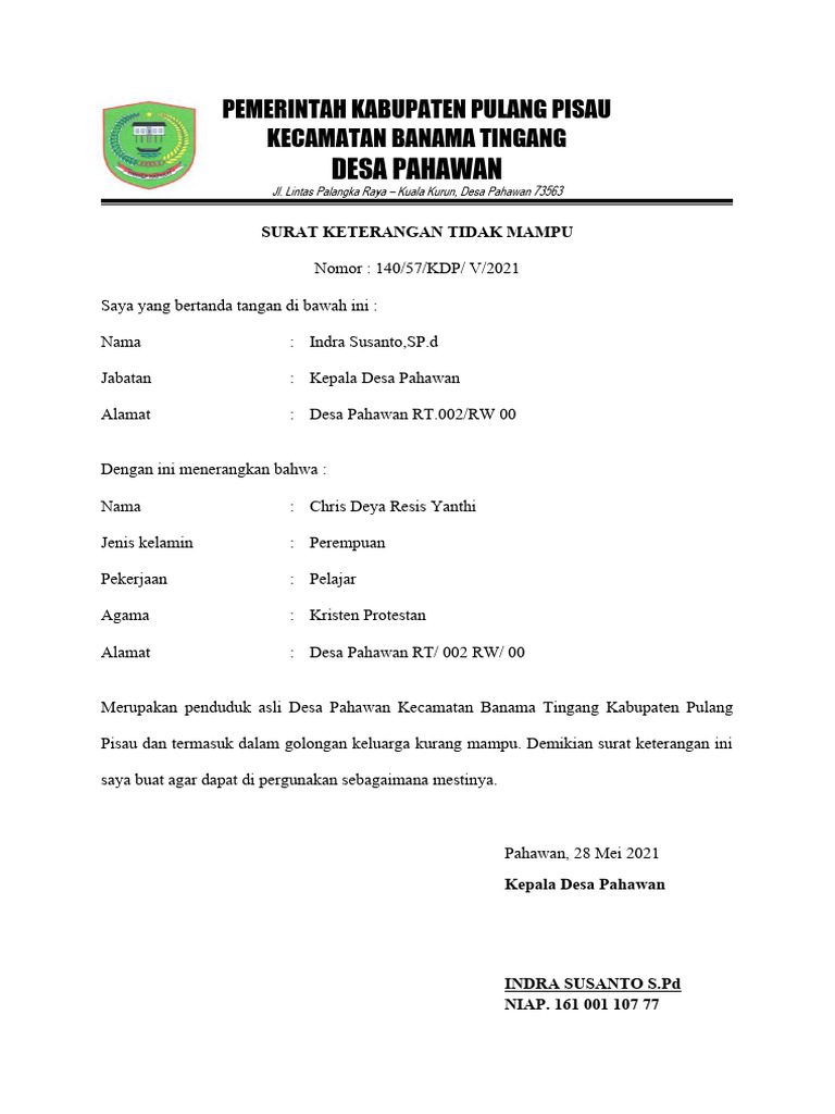 Contoh Surat Keterangan Tidak Mampu Dari Desa | PDF