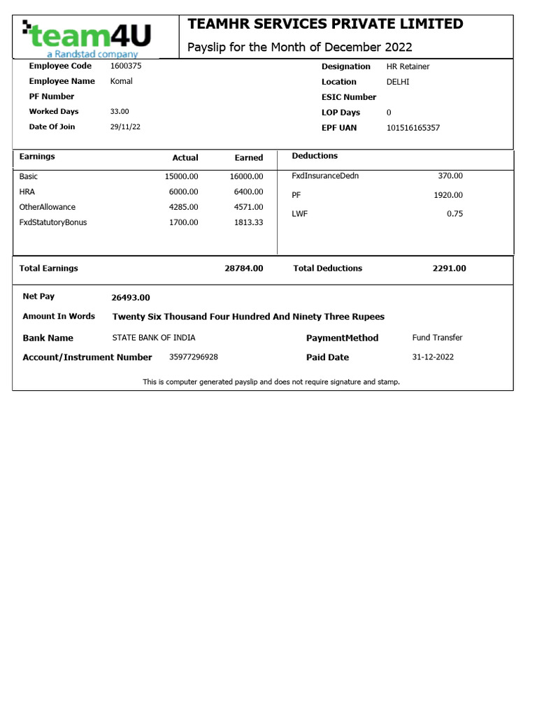 December 2022 Payslip - TeamHR Services | PDF