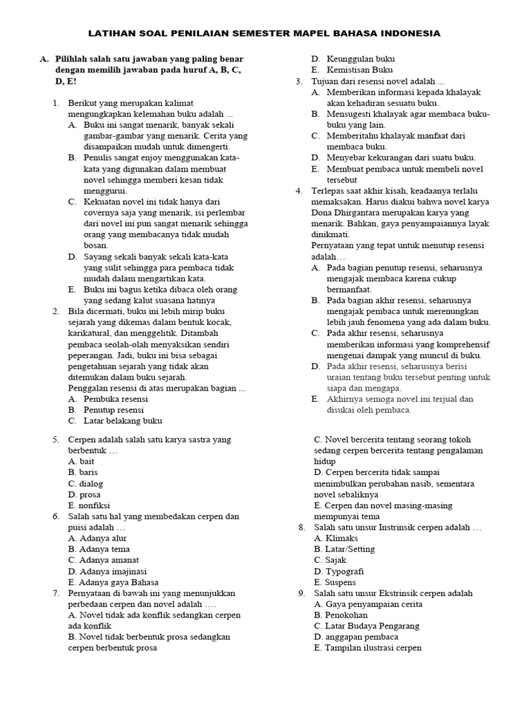 Latihan Soal Pas Bindo Kelas X | PDF