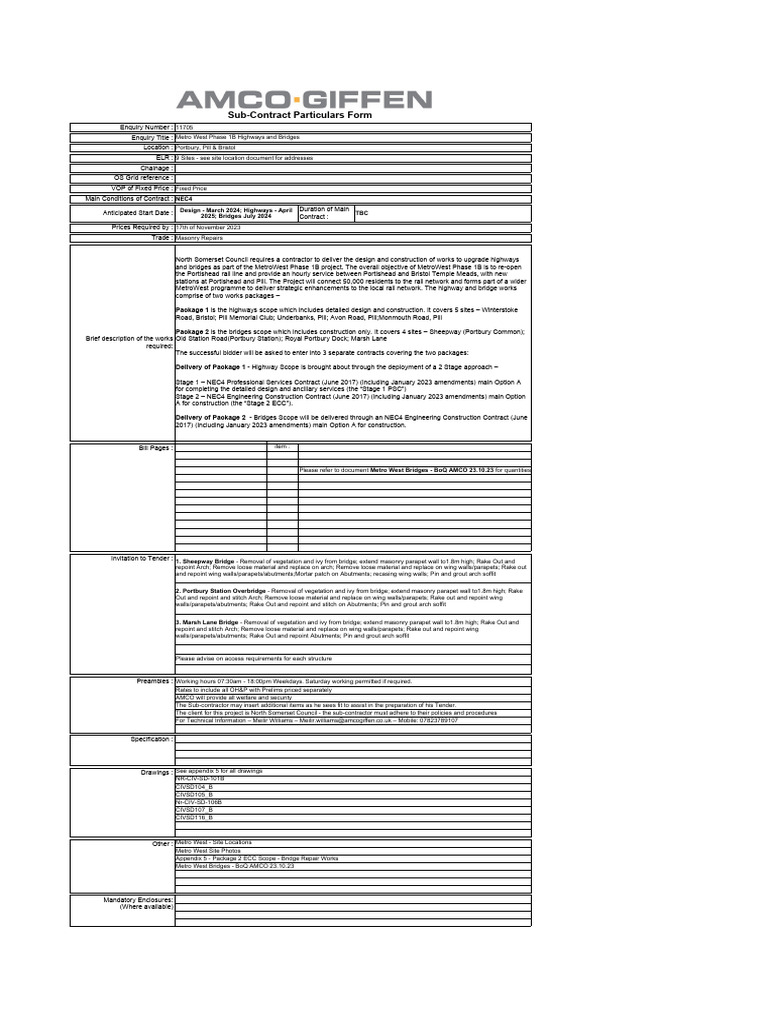 MetroWest Phase 1B Highways and Bridges - Masonry Repairs Enquiry | PDF