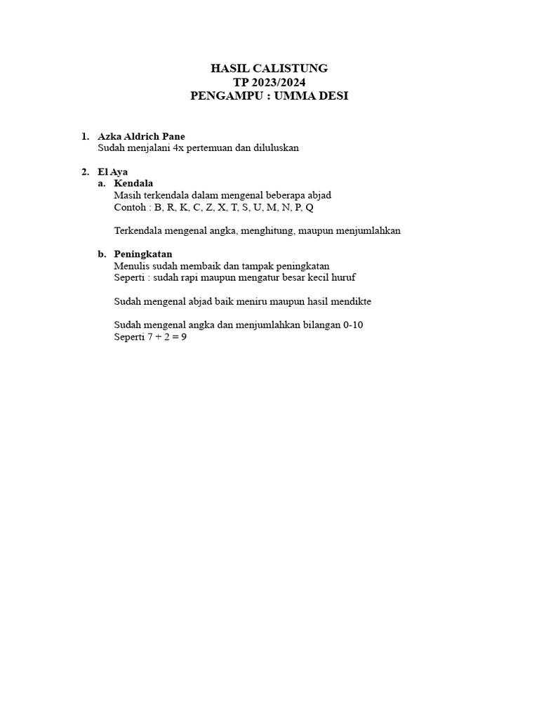 HASIL CALISTUNG | PDF
