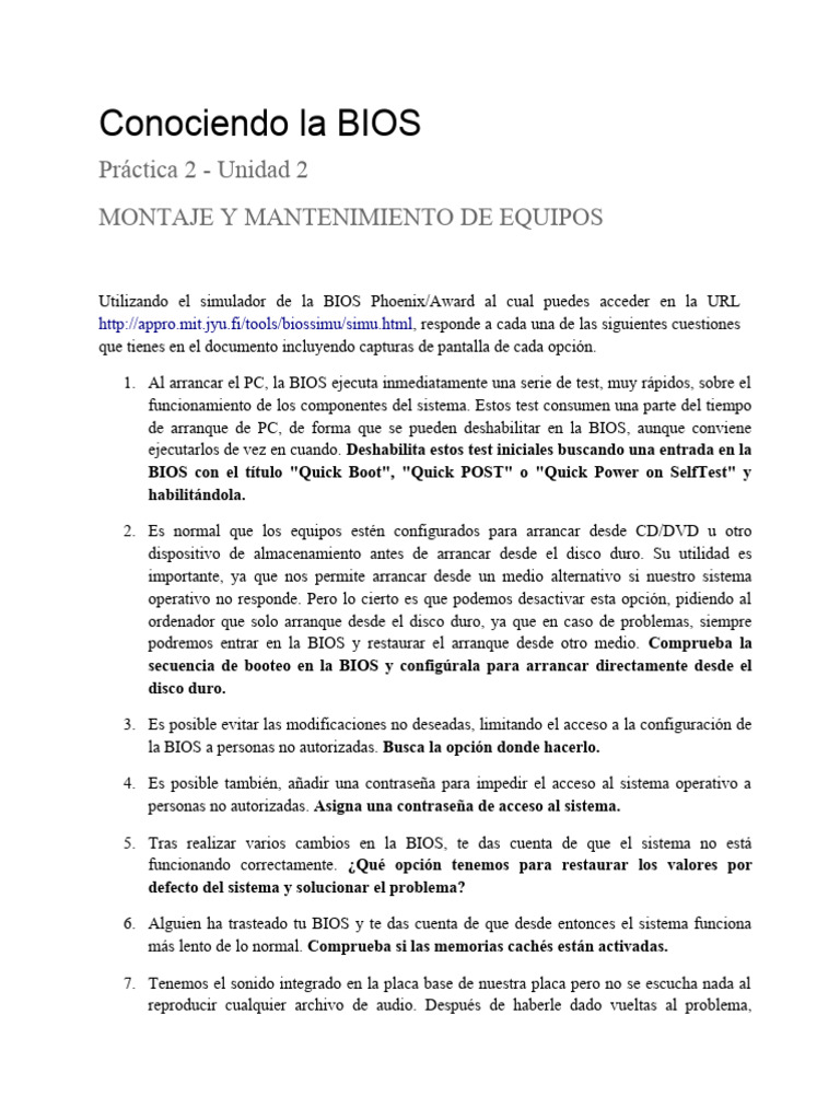 Práctica 2_ Conociendo la BIOS | PDF | Arranque | Bios