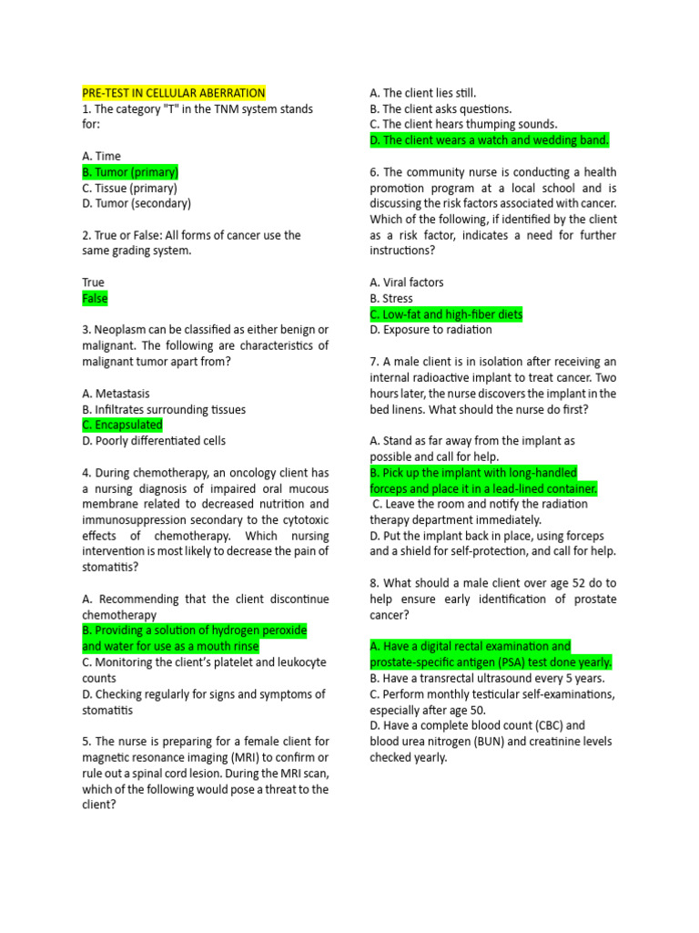Pre Test With Answers | PDF | Cancer | Chemotherapy