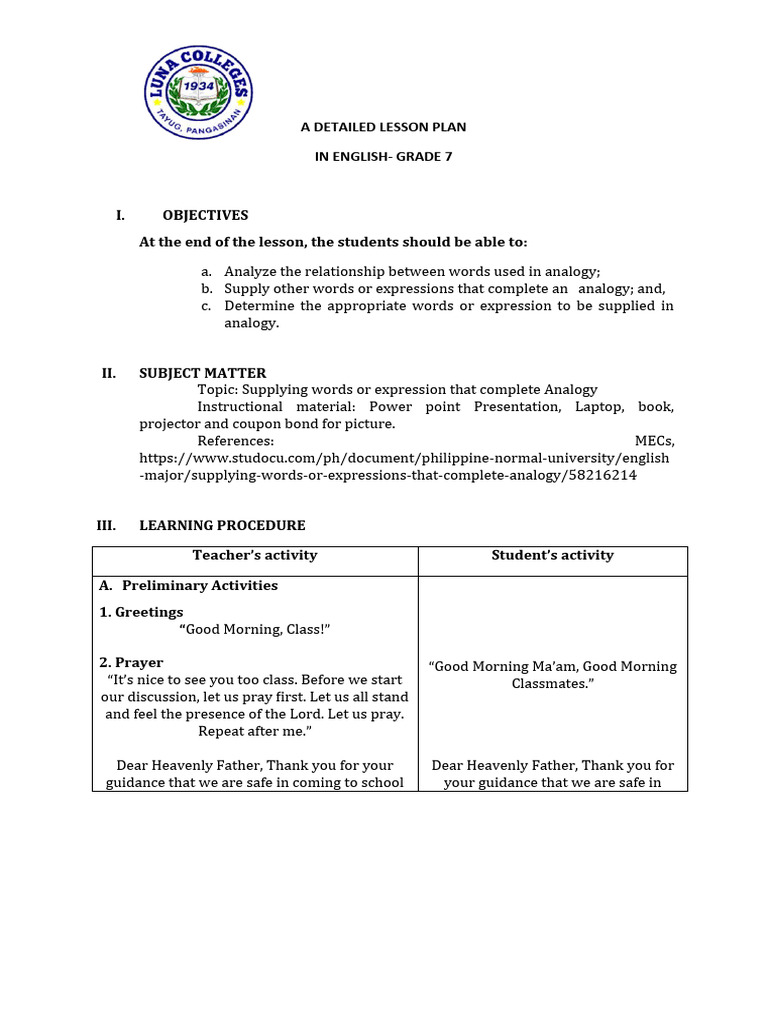 DETAILED LESSON PLAN Lesson 1 g-7 | PDF | Analogy | Prayer