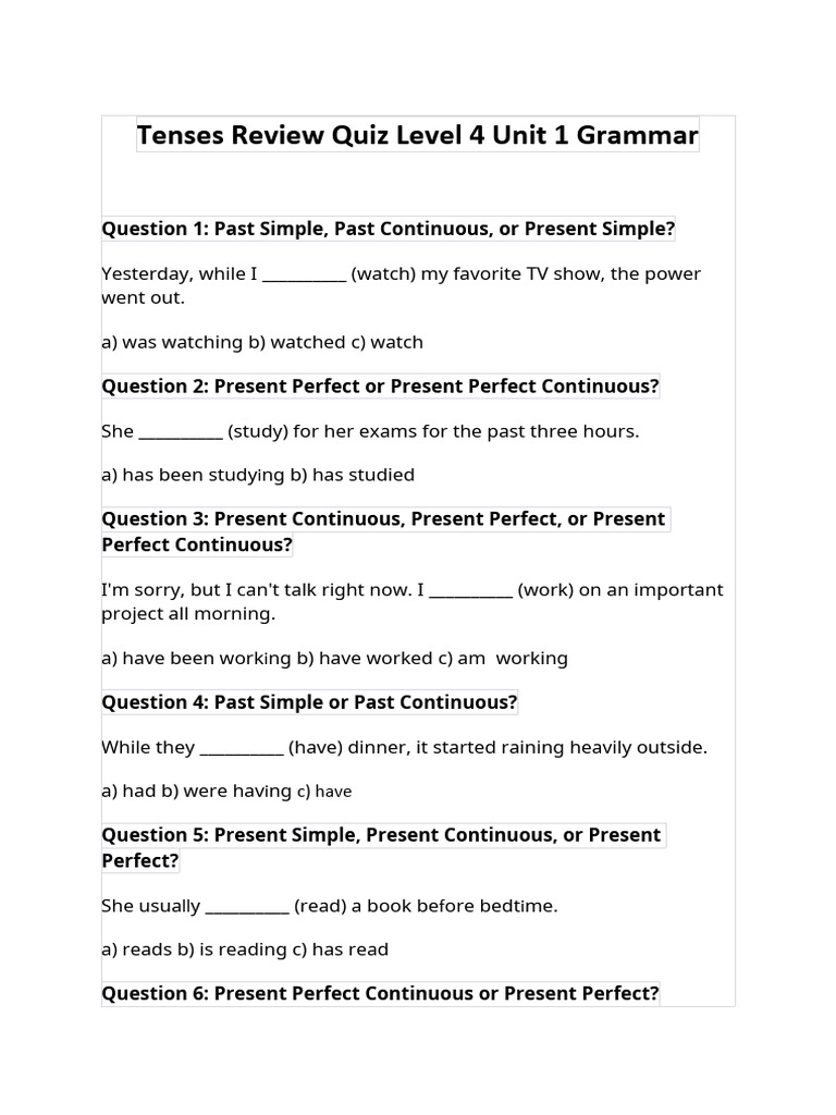Tenses Quiz: Level 4 Unit 1 Grammar | PDF | Language Arts & Discipline