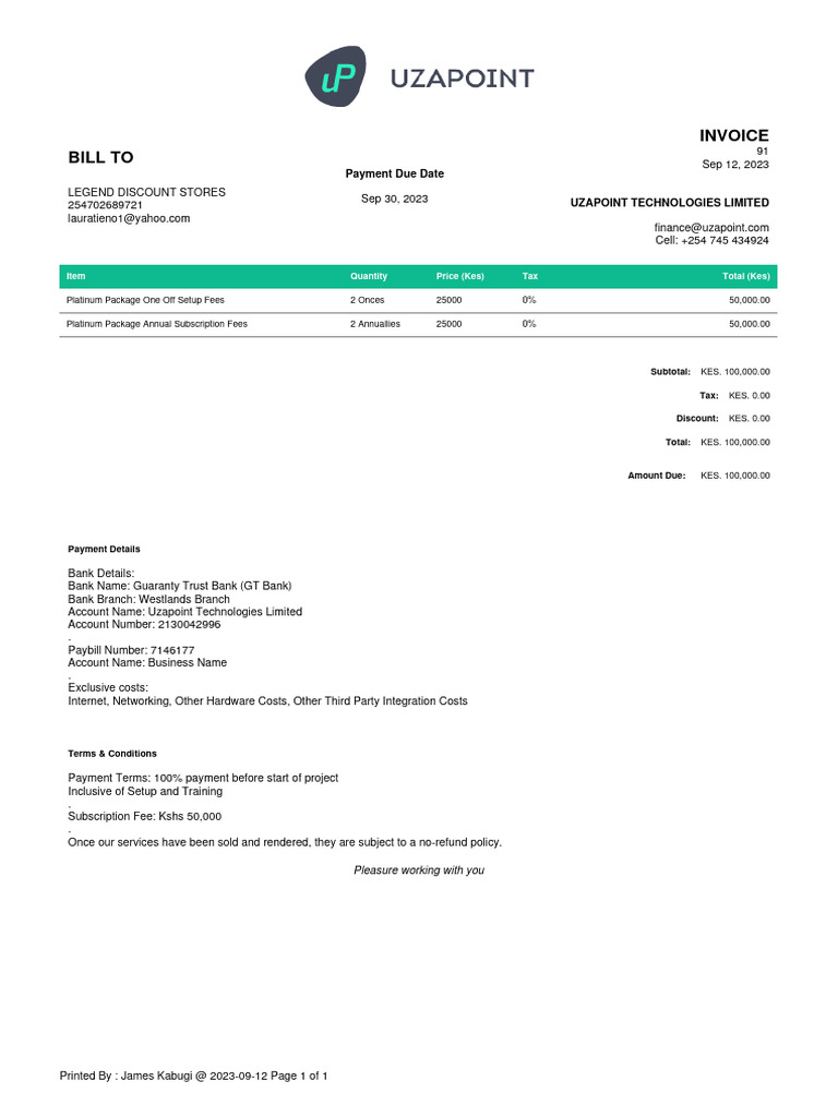 Legend Discount Stores - Uzapoint Invoice | PDF | Fee | Private Sector