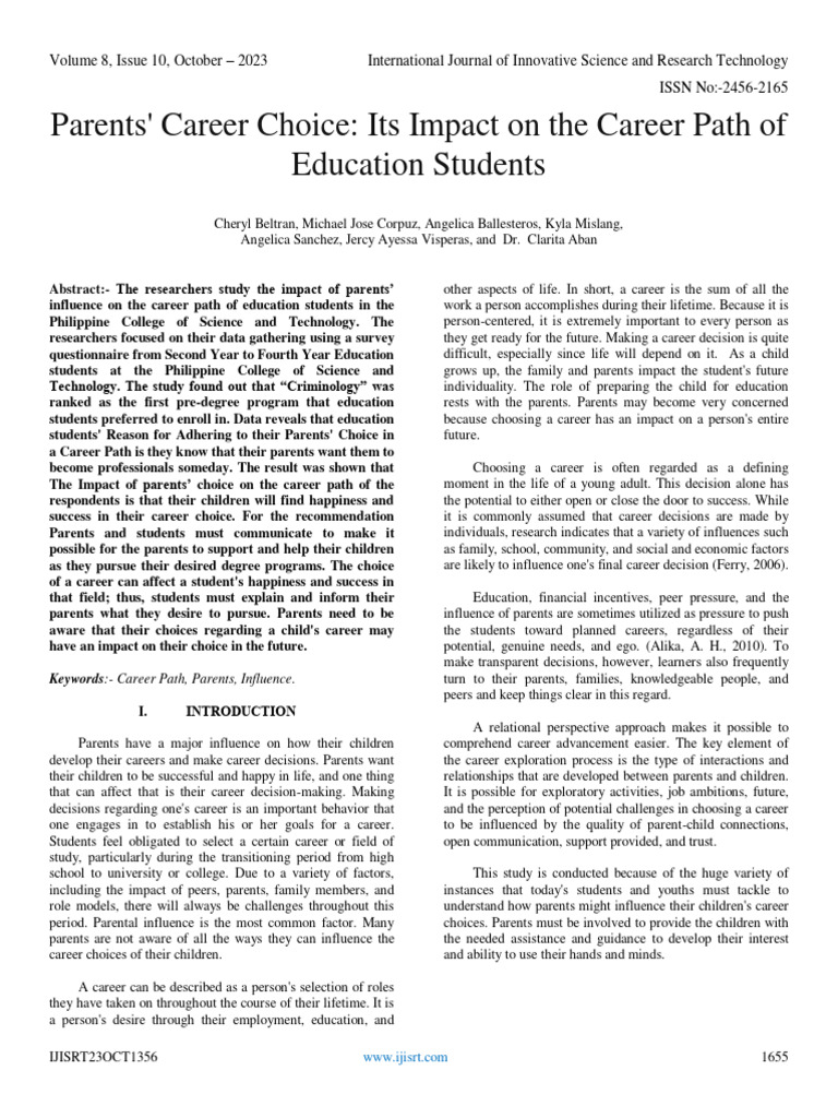 Parents' Career Choice: Its Impact On The Career Path of Education ...