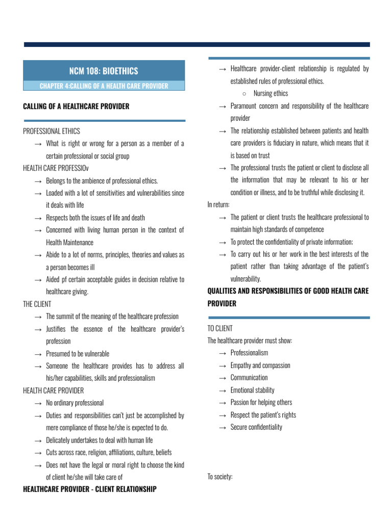 NCM 108 - Bioethics - Chapter 4 | PDF | Health Care | Professional Ethics