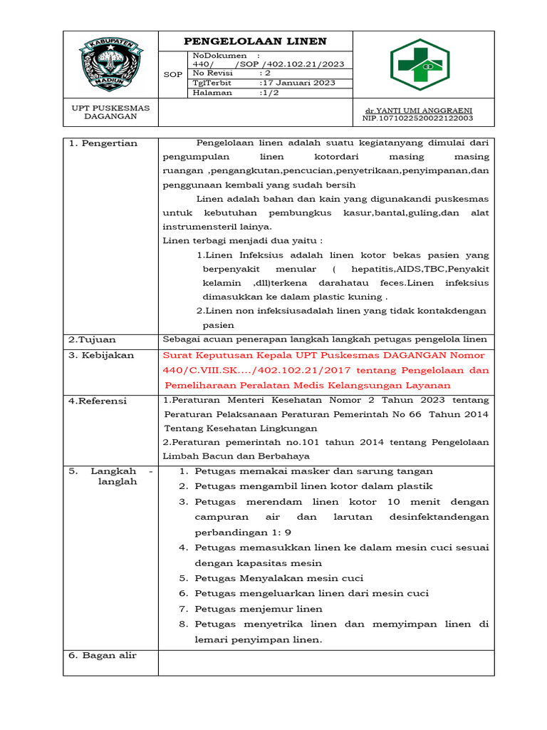Sop Pengelolaan Linen | PDF