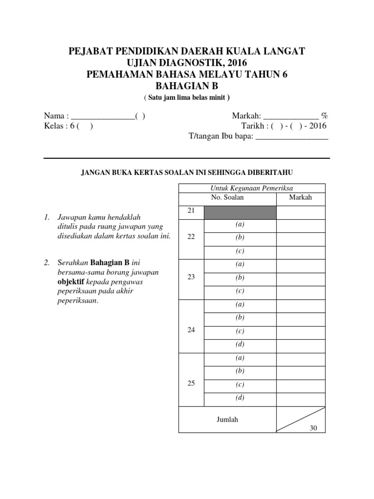 Ujian Diagnostik Bm Bahagian B Tahun 6 2016 Pdf