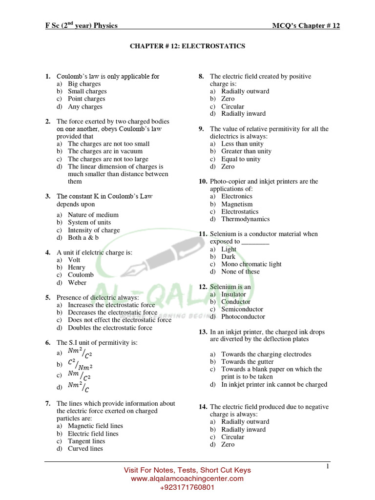 12th Class Physics MCQ | PDF | Electromagnetic Induction | Electric Current