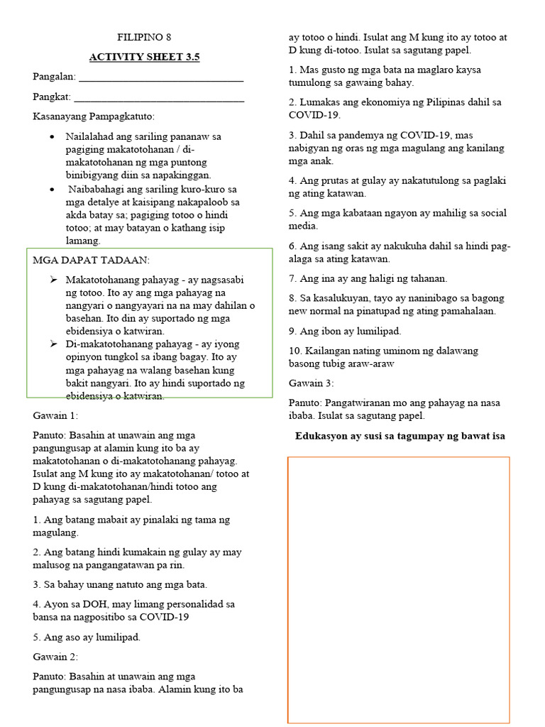 FILIPINO 8. Activity Sheet 3.5 | PDF