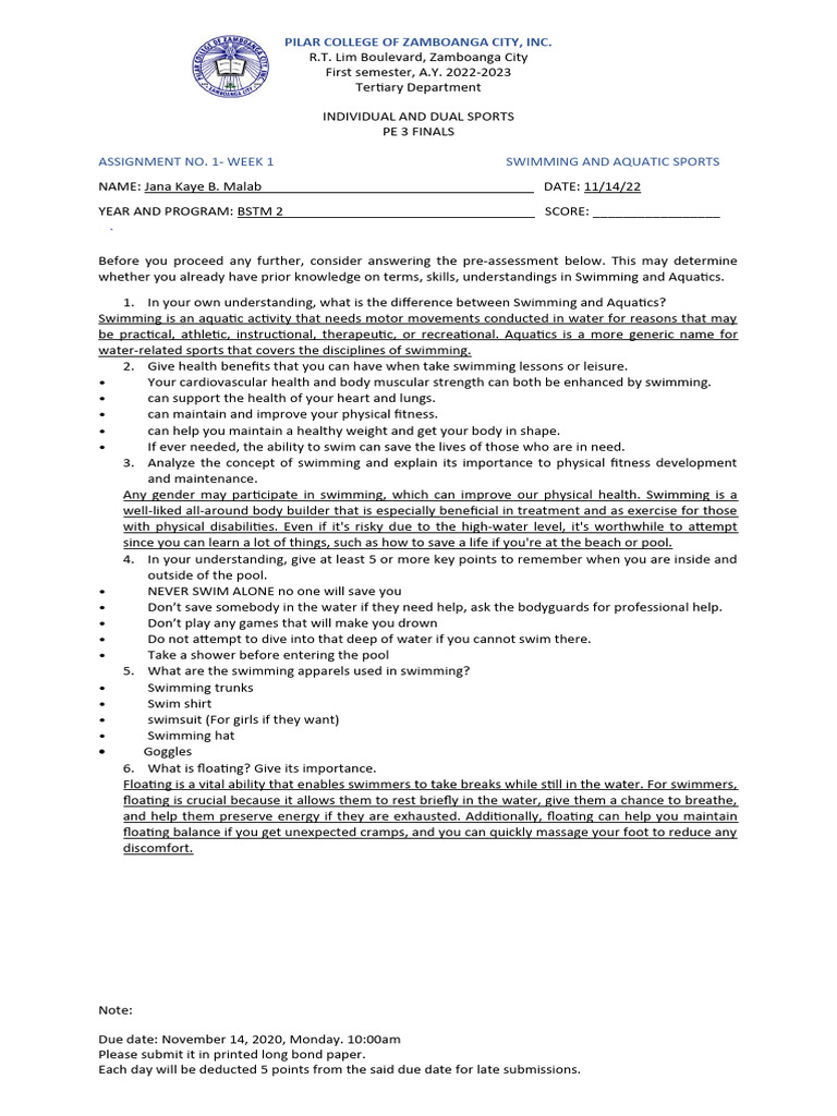 Jana Kaye Malab - ASSIGNMENT #1 FINALS PE | Download Free PDF | Swimming | Physical Fitness