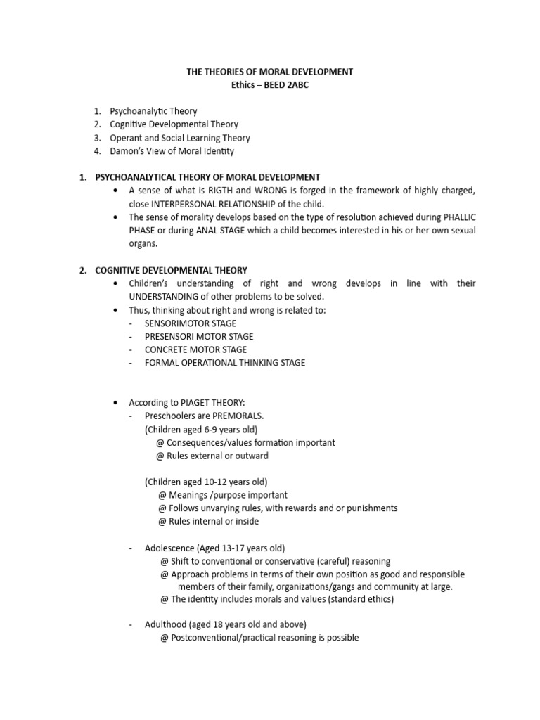 THE THEORIES OF MORAL DEVELOPMENT Ethics BEED2ABC | PDF | Morality | Cognitive Development