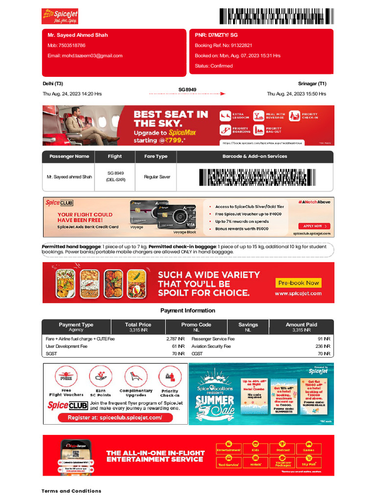 SpiceJet - E-Ticket - PNR - D7MZTY 24 Aug 2023 Delhi-Srinagar For MR ...