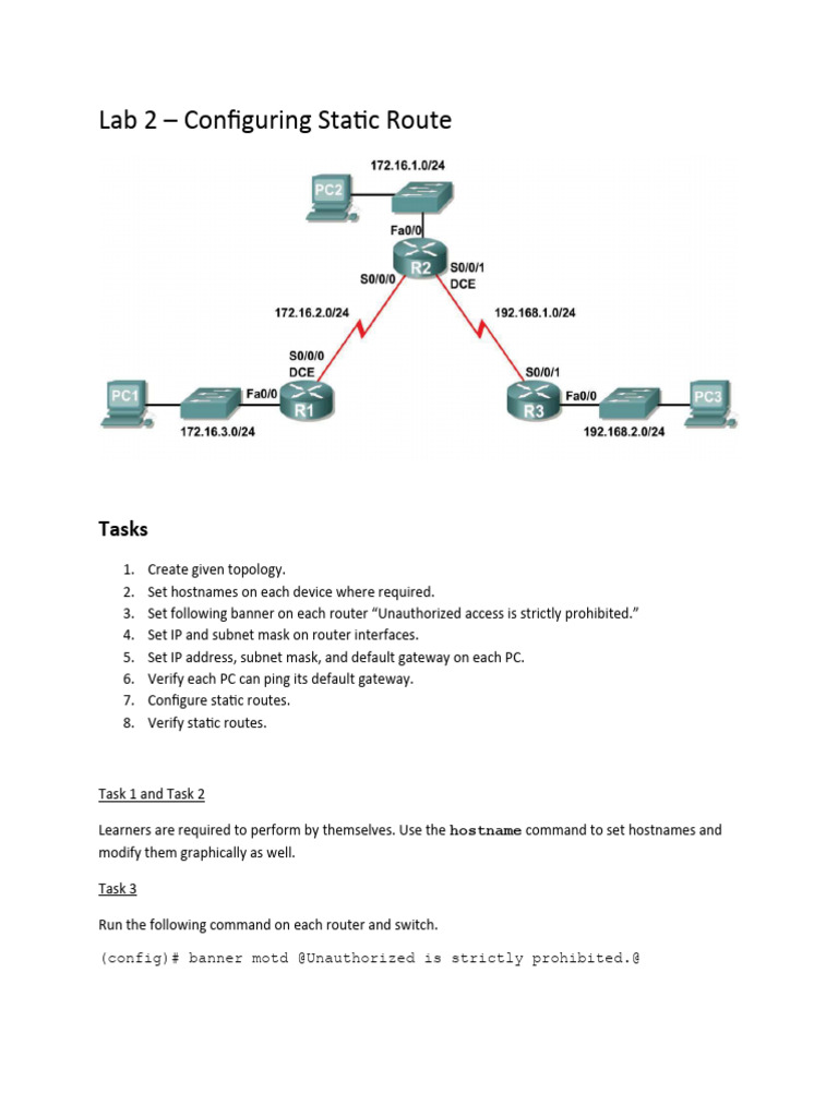 Lab 2 - Configuring - Static - Routing | PDF