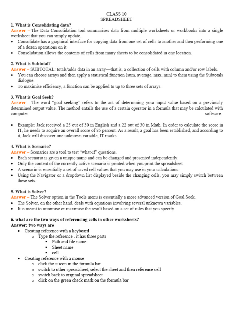 Class 10 Spreadsheet Question - Answers | PDF | Spreadsheet | Computing