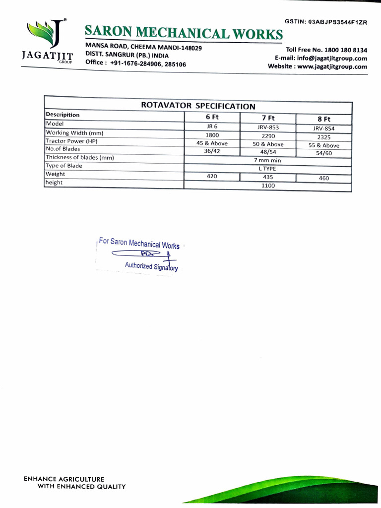 Rotavator Specifications and Models | PDF