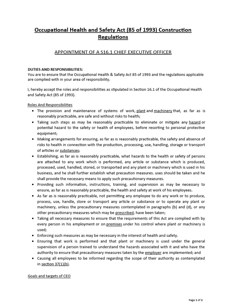 CEO Appointment under OHS Act 16.1 | PDF | Occupational Safety And ...